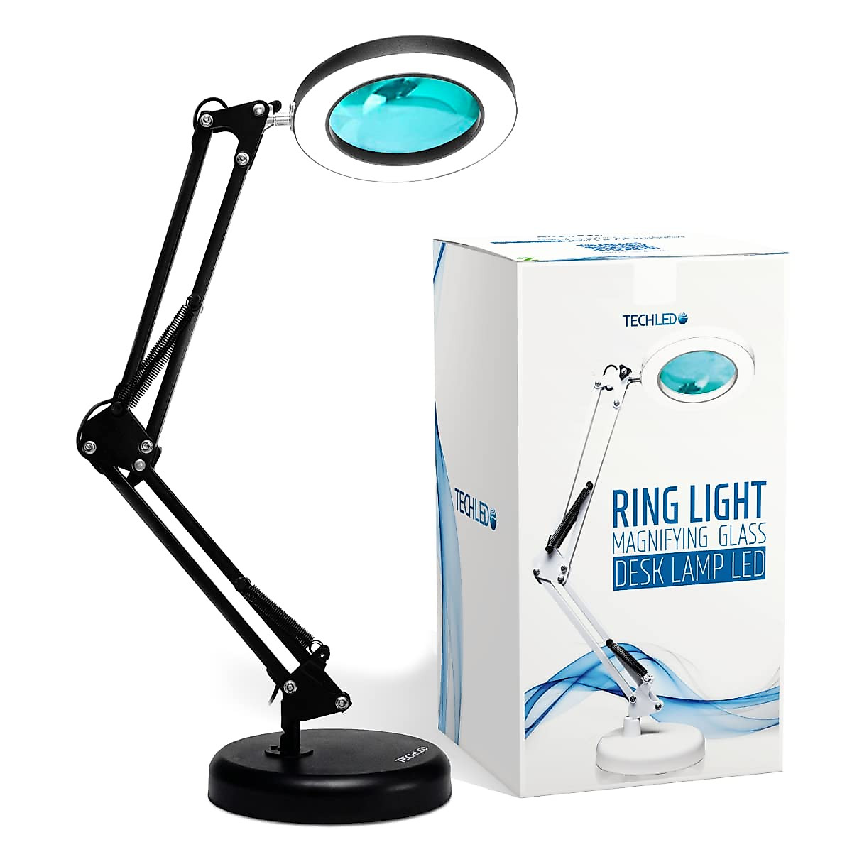 TECHLED Magnifying Glass with Light and Stand, Desk Ring Light, 3 Color Modes Stepless Dimmable, Desk Lamp, Clamp Light, Office Desk Lamp for Close Work, Repair, Reading, 12w, Adjustable Desk Lamp