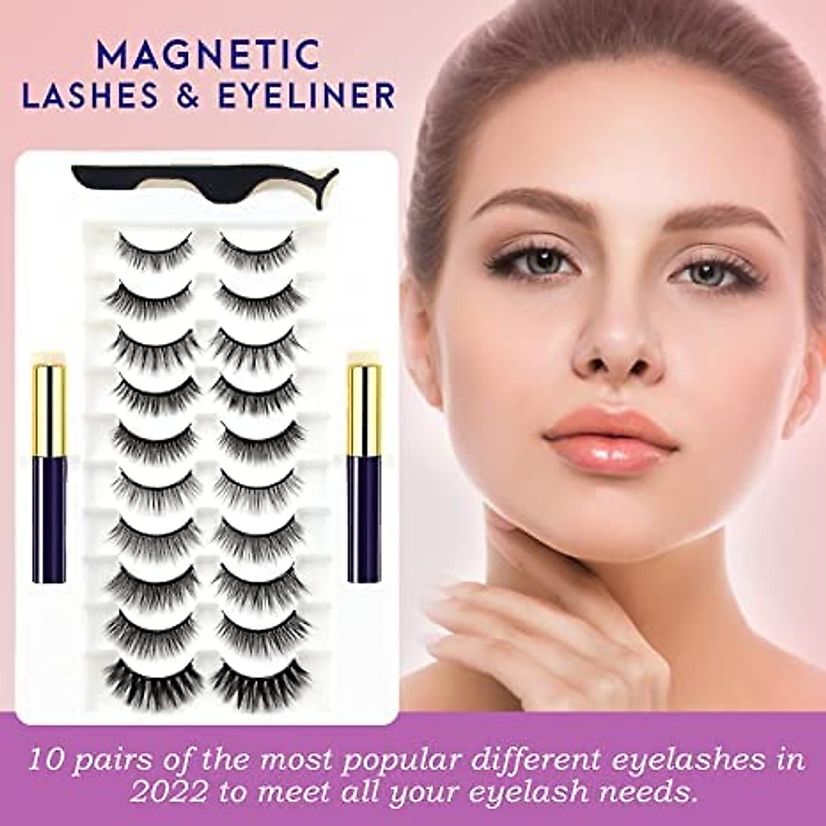 EARLLER Magnetic Eyelashes with Eyeliner Kit,10 Pairs Natural Look False Lashes with Applicator - Easy to Apply and No Glue Needed, 3D & 5D Reusable Short and Long Eyelashes Set