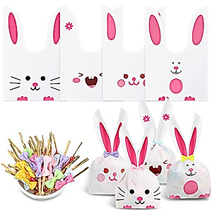 100 Pcs Cute Bunny Long Ear Candy Gift Bags Easter Goodie Bags Easter Bunny Gift Bag Plastic Easter Party Treat Bags with 100 Twist Tie Bow for Party Favors, Wedding Birthday Supplies
