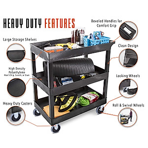 Stand Steady Tubstr 3 Shelf Utility Cart Supports Up to 375 lbs - Heavy-Duty Plastic Service Push Cart with Deep Shelves and 5" Casters, for Offices, Warehouse Storage, Garage (Black, 32 x 18 x 51)