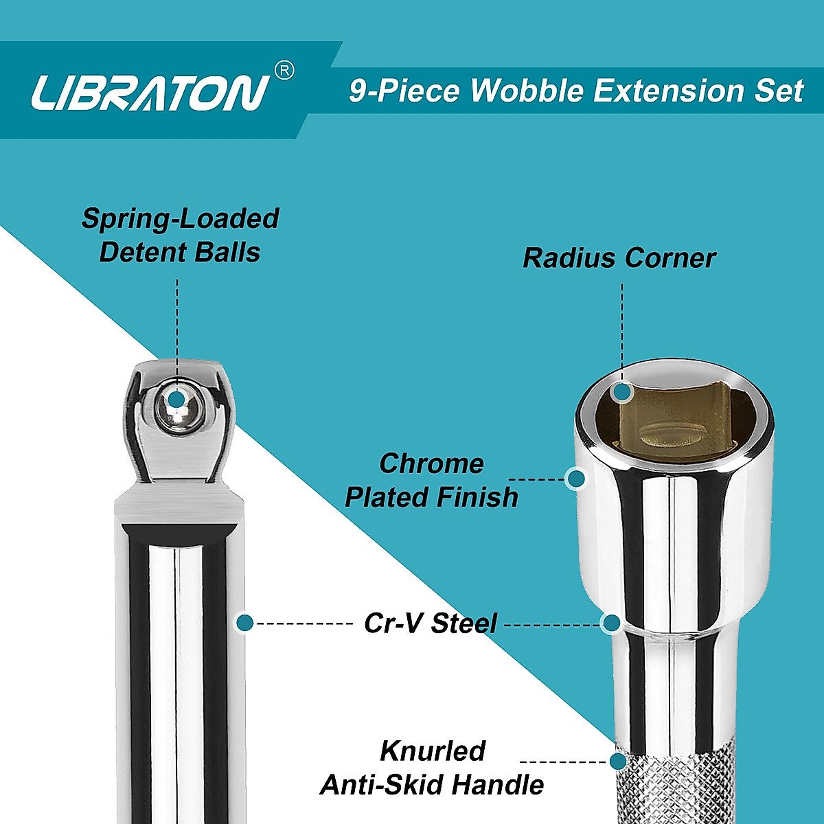 Libraton Wobble Extension Set 1/4'' 3/8'' 1/2'', Wobble Socket Extension, Extension Set, Wobble Socket Extension Set, Drive Socket Extension Bars 9PCs (Cr-V) with Chrome Plated in EVA Storage Tray