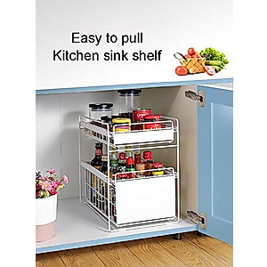YUEGOO Kitchen Sinks Solid Under Sink Storage 2 Tier Drawer Organizer, Under Sink Storage Rack with Sliding Basket Drawer, Pull Out Drawers Under Sink, for Kitchen Bathroom under/White/40 * 28 * 40cm