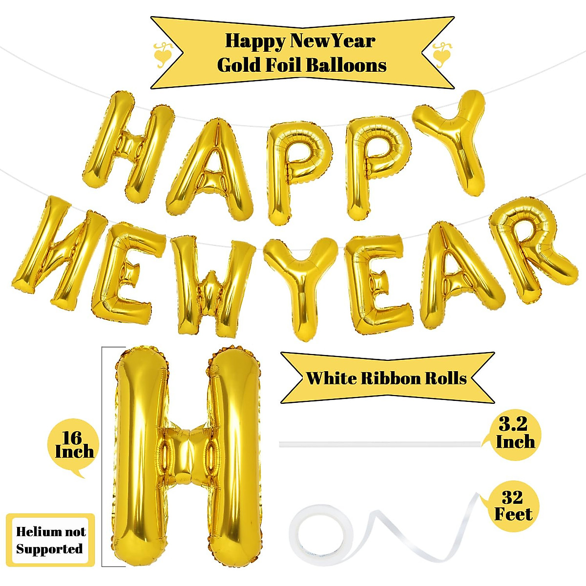 PIGETALE Gold Happy New Year Balloons, 16 Inch Gold Happy New Year Banner, Happy New Year Decorations 2024, NYE Decorations 2024, Happy New Year Backdrop, Happy New Years Eve Party Supplies 2024