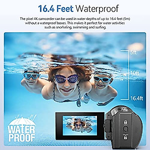 Video Camera Camcorder Waterproof Camera 4K Ultra HD 56MP 30FPS 18X Digital Zoom Underwater Camera Vlogging Camera For Youtube, 16.4Ft Waterproof Video Camera with 3500mAh Battery, 64G SD Card