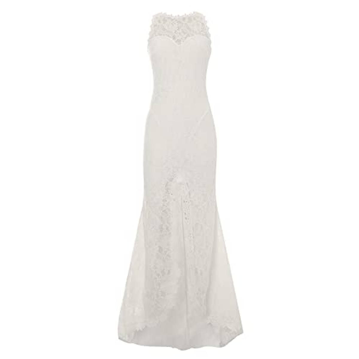 Women's White Floral Lace Slit Mermaid Wedding Dresses for Bride Summer Sleeveless Slim Maxi Long Bridal Gown