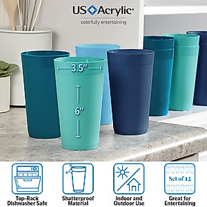 US Acrylic Newport 20 ounce Unbreakable Plastic Stackable Water Tumblers in 4 Coastal Colors | Set of 12 Drinking Cups | Reusable, BPA-free, Made in the USA, Top-rack Dishwasher and Microwave Safe