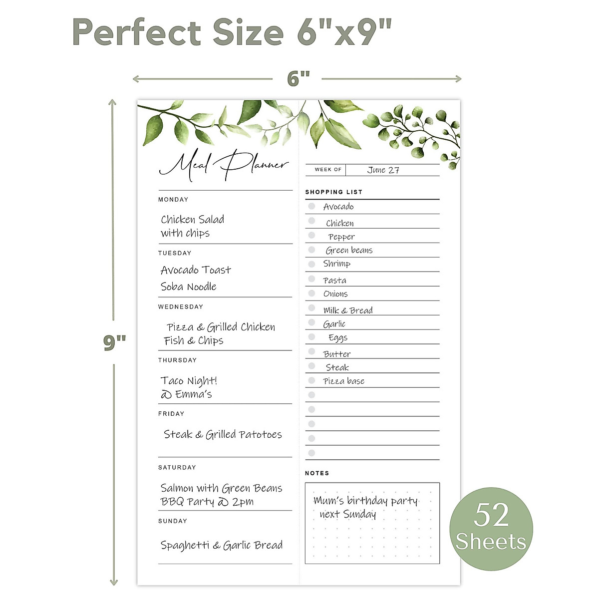 Magnetic Meal Planning Pad for Fridge 52 Undated Tear-off Sheets | 6x9 Inch Meal Planning Notepad | Notebook for Meal Planner and Grocery List with Magnet | Weekly Meal Planner for kitchen with Tear Off Shopping List