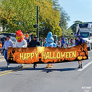 KatchOn, Happy Halloween Banner for Outdoor - 120x20 Inch | Orange and Black Happy Halloween Yard Banner | Happy Halloween Yard Sign for Halloween Yard Decorations | Halloween Banners for Outside