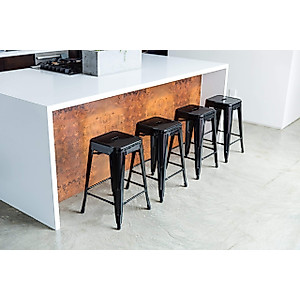 UrbanMod 24 Inches Metal Barstool Set of 4 – Counter Height Backless Bar Stool for Kitchen Island, Breakfast, Outdoors, Pub, Restaurant, Home, Patio – Stackable Heavy Duty Modern & Industrial (Black)