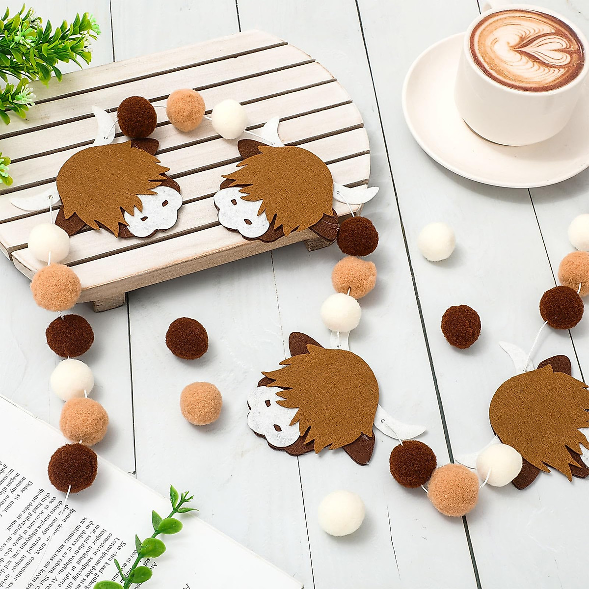 JarThenaAMCS 3Pcs Highland Cow Felt Garland Cute Brown Cow Hanging Banner Brown White Pom Ball Banner for Cowboy Birthday Party Baby Shower Party Supplies