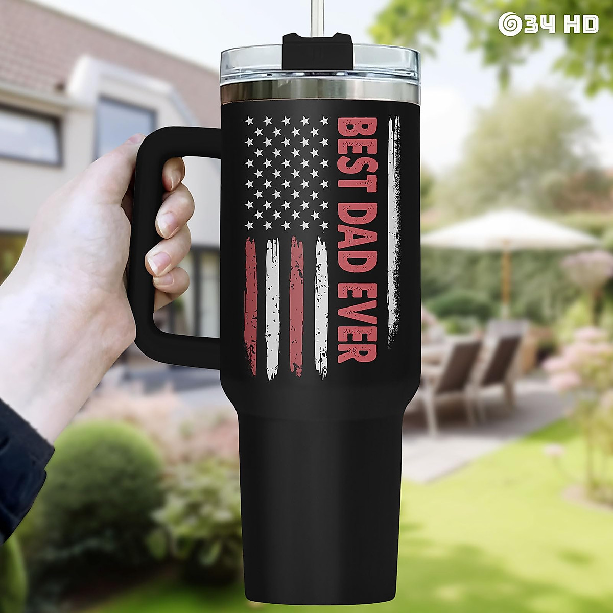 34HD Best Dad Tumbler with Handle & Straw, 40oz Stainless Steel Insulated American Flag Coffee Mug for Men, Birthday Christmas Father Day Gifts for New Papa Bonus Dad Husband Grandpa