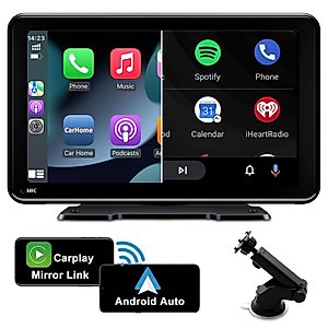 Portable Car Stereo for Apple Carplay, Android Auto, Air Play, Mirror Link, Wireless Car Play Screen with Bluetooth Handsfree, 7 Inch IPS Touchscreen, GPS Car Navigation, Siri/Google, FM/AUX/USB/TF