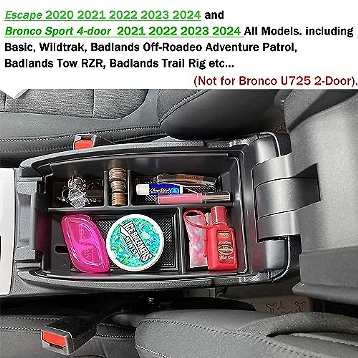 TACOBRO Center Console Organizer Tray Compatible with Ford Escape 2020-2024 and 2021 2022 2023 2024 2025 Bronco Sport CX430 4-Door (Not for U725 2-Door) Secondary Storage Armrest Glove Box - Black