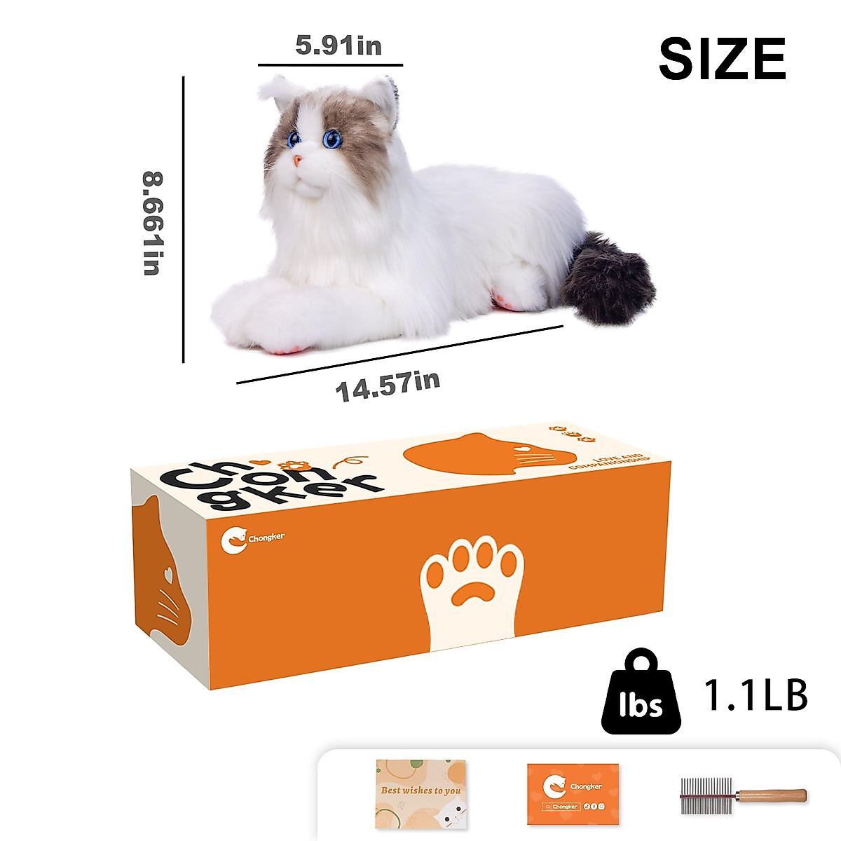 Chongker Stuffed Animals Handmade Cat Plush, Realistic Companion Pet, Lifelike White Cat