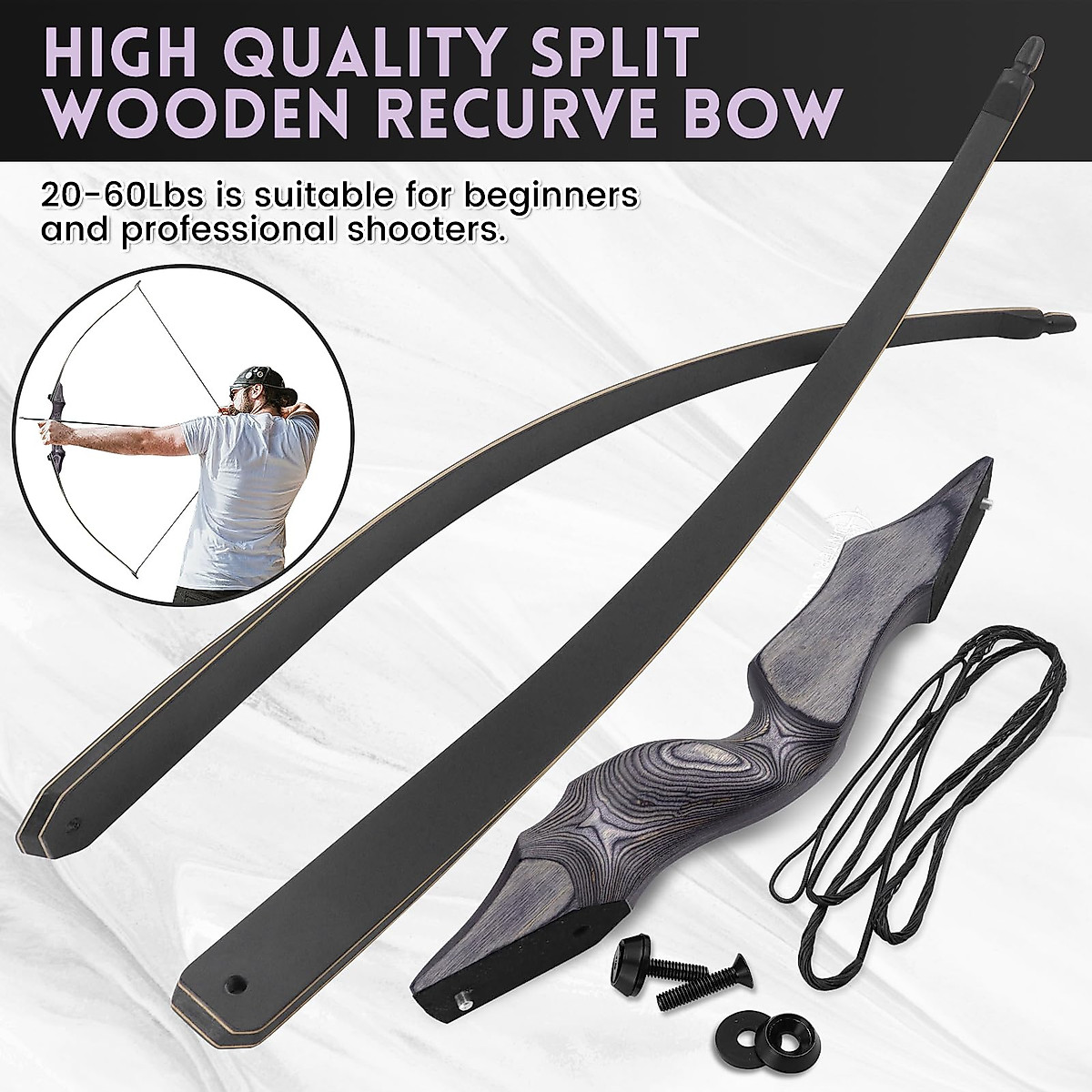 OBTOUTDOOR Archery Takedown Longbow 60inch 20lbs-60lbs Right Hand Traditional Wood Hunting Bows for Target Shooting Practice (40)