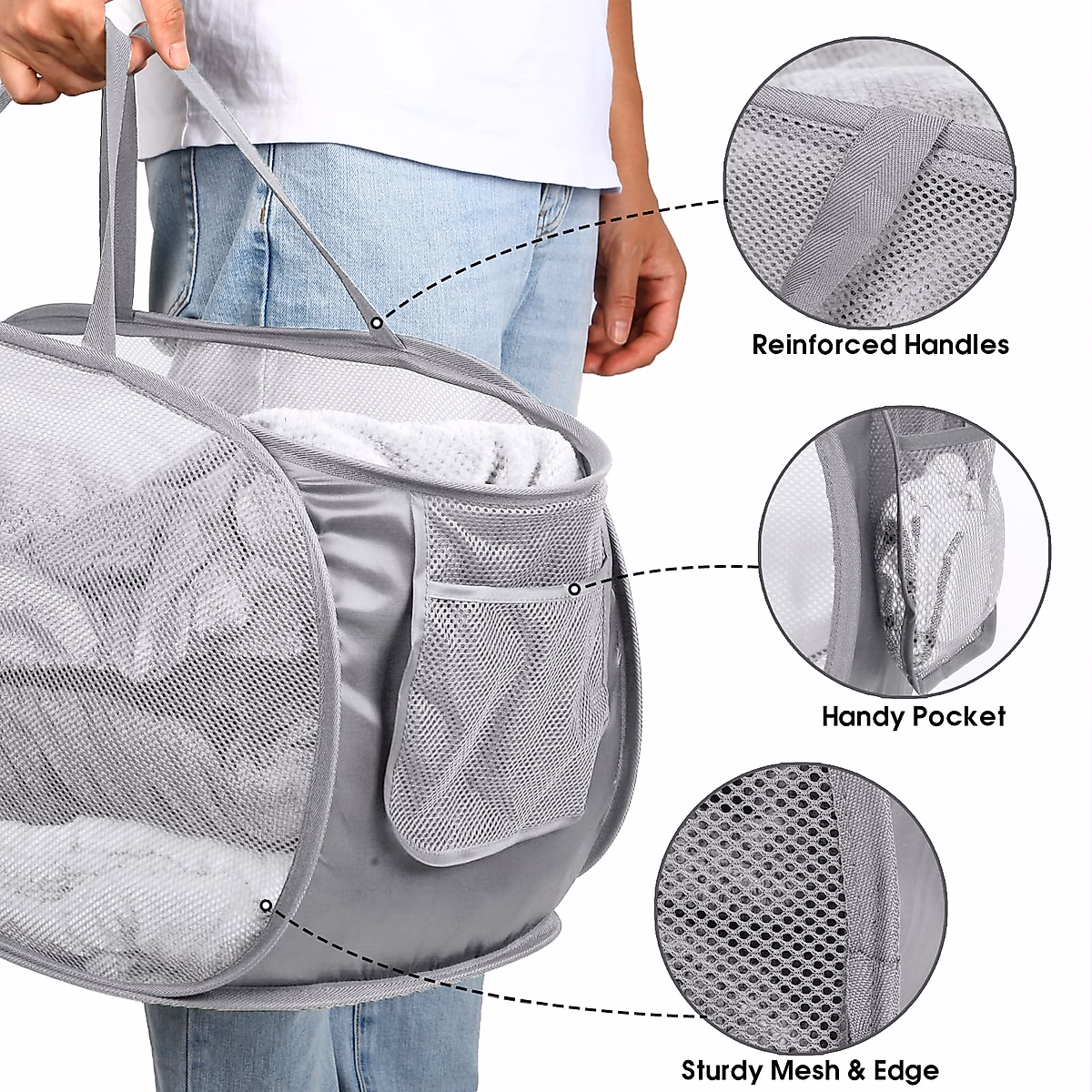 Durable Collapsible Laundry Baskets, Mesh Pop Up Laundry Hamper with Handy Pocket, Foldable Large Space Clothes Hamper with Reinforced Carry Handles for Laundry, Bathroom, Kids Room or Travel Grey