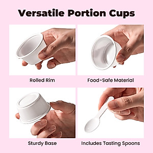 Fit Meal Prep 250 Pack 2 oz White Disposable Plastic Cups and 3 Inch Tasting Spoons - Portion Food Samplers for Restaurants Catering Party Appetizers Souffle Dressings Ice Cream Desserts