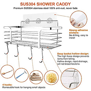 Shower Caddy Basket Shelf, Wall Mounted Bathroom Shower Storage Organizer with 4 Hooks, SUS304 Stainless Steel Adhesive Shower Shelf for Bathrooms, Toilets, Shower Room, Kitchen - 2 Pack