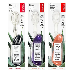 RADIUS Big Brush BPA Free & ADA Accepted Toothbrush Designed to Improve Gum Health & Reduce Gum Issues - Left Hand - Purple/Sea Shell/Midnight Sky - Pack of 3