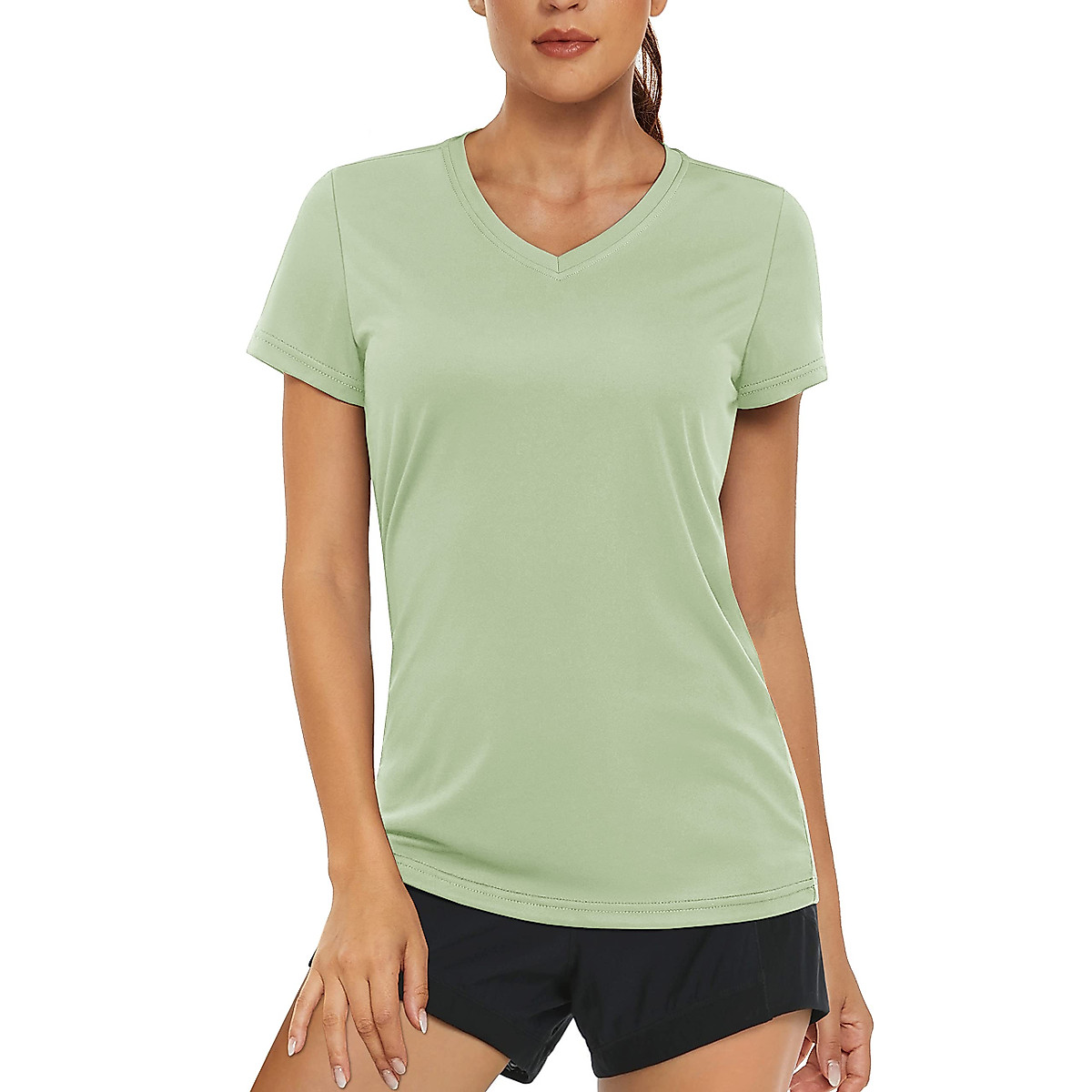 MAGCOMSEN Women's Dry Fit Shirts Running Shirts for Women Outdoor Shirts Summer Hiking Shirts Cool Short Sleeve Athletic T-Shirts L Light Green