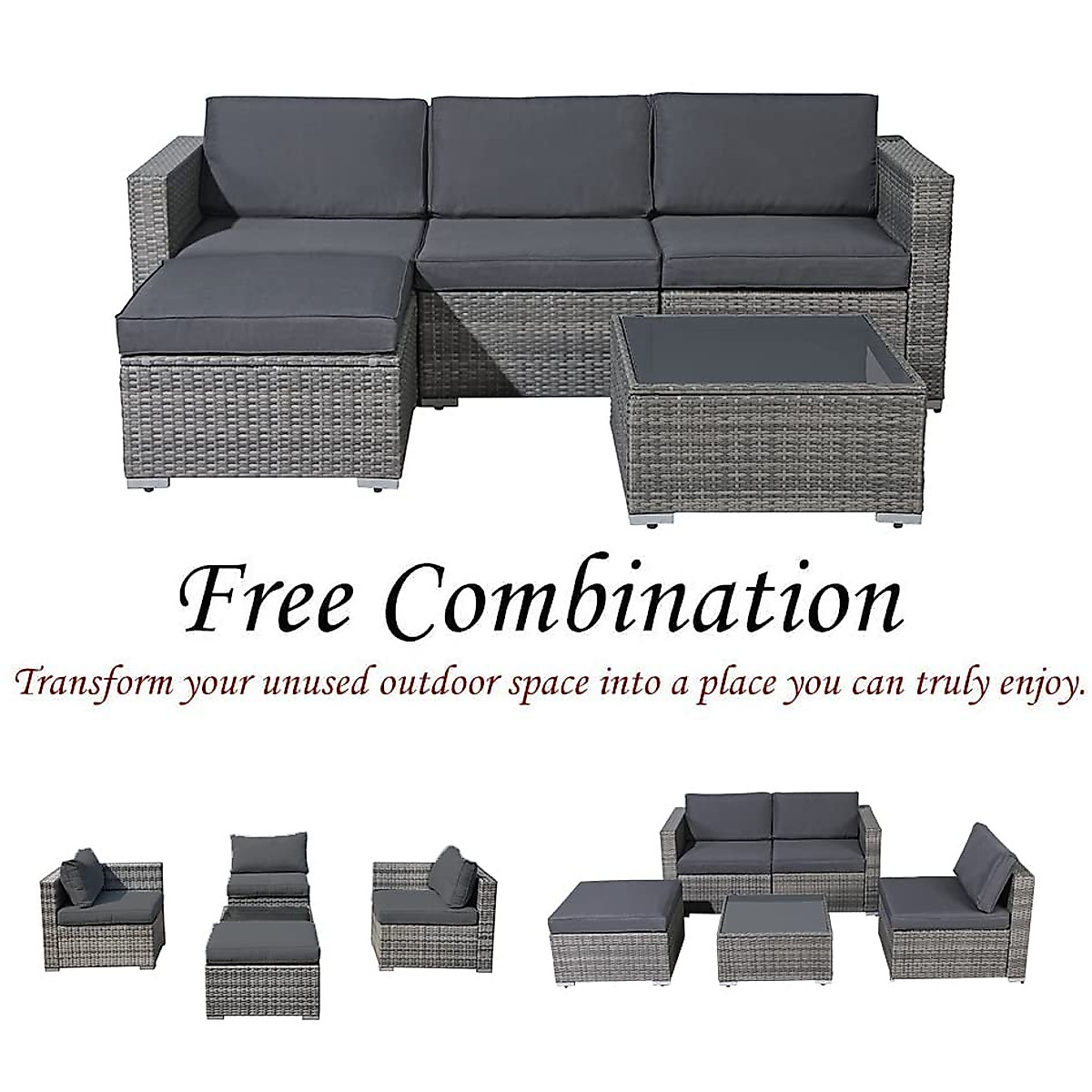 Patiorama 5 Piece Outdoor Patio Furniture Set, Outdoor Sectional Conversation Set, All-Weather Grey PE Wicker w/Dark Grey Cushions, Outdoor Backyard Porch Garden Poolside Balcony Furniture Set