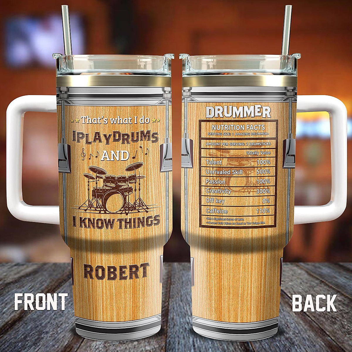 WAZONE Personalized Drummer Nutrition Facts Tumbler 40oz with Handle and Straw Custom Name I Play Drums And I Know Things Funny Saying Music Travel Mug Cool Gifts For Drummers Enthusiast Men