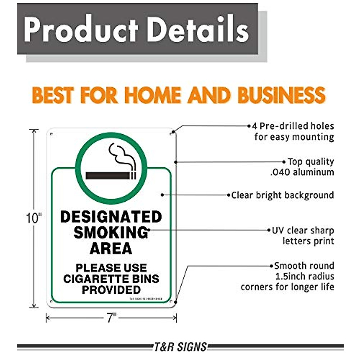 Designated Smoking Area Sign, Use Cigarette Bins Sign - 2 Pack - 10 x 7 Inches Rust Free .040 Aluminum - UV Protected, Waterproof, Weatherproof and Fade Resistant - 4 Pre-drilled Holes
