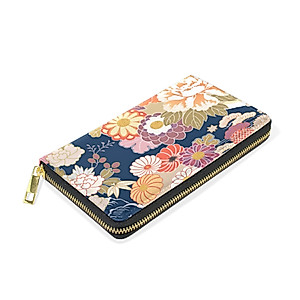 Traditional Kimono Pattern Asian Japanese Chinese Floral Flowers Leather Long Wallet Organizer with Zipper Purse Clutch Bag for Women Men Key Card Coin Passport Checkbook