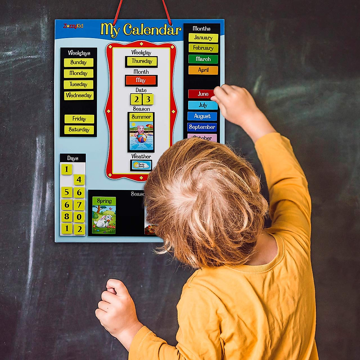 ZazzyKid Magnetic Calendar & Weather Chart for Kids - Preschool Daily Calendar Learning for Days of the Week, Months, Weather & Season Blue