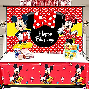 Mickey Minnie Mouse Themed Backdrop and Tablecloth Party Supplies Disney Cartoon Colorful Dots Photography Background Happy Birthday Banner Decorations