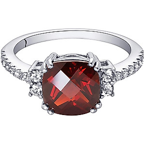 PEORA Garnet Ring for Women in 14K White Gold with White Topaz, Genuine Gemstone Birthstone, Designer 2.50 Carats Cushion Cut 8mm, Size 6