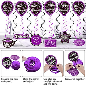 Retirement Decorations Women Purple Happy Retirement Party Decorations Female (52pack) Happy Retirement Banner Gifts, Retirement Decor Double-Sided Pattern Card, Pompoms Hanging Swirl Retired Sash Set