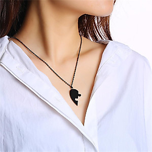JOYA GIFT 2 Pieces Gold Stainless Steel Heart-shaped Necklace Puzzle set Black Couple Necklace His and Her Pendant Necklaces Matching for Boyfriend Girlfriend Best Friends Jewelry Gift
