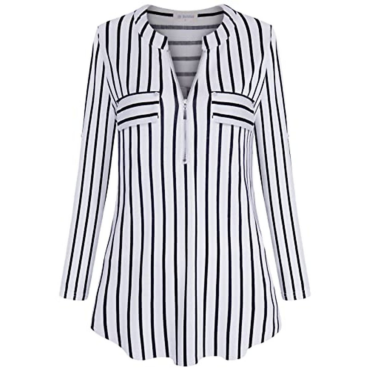 Bulotus 3/4 Sleeve Shirts for Women Plus Size, Ladies Tops and Blouses Casual Summer Fall V Neck Long Tunics to Wear with Leggings Business Casual, Stripe, X-Large