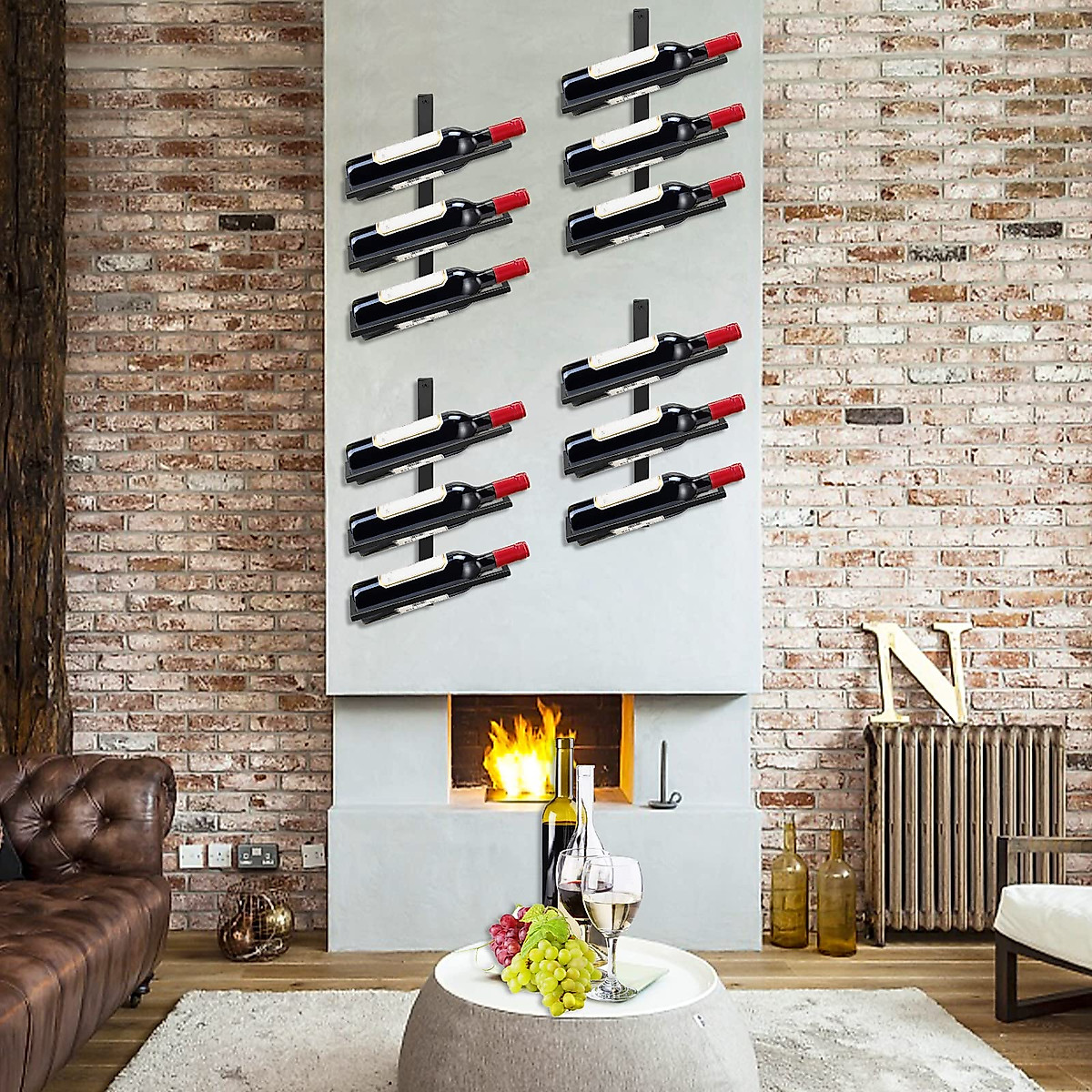 YALINKA Wall Mounted Wine Rack Holds 12 Bottles, Adjustable Separable Black Metal Hanging Wine Bottle Holder, Liquor Bottle Display Shelf for Kitchen Pantry Bar Wine Cellar