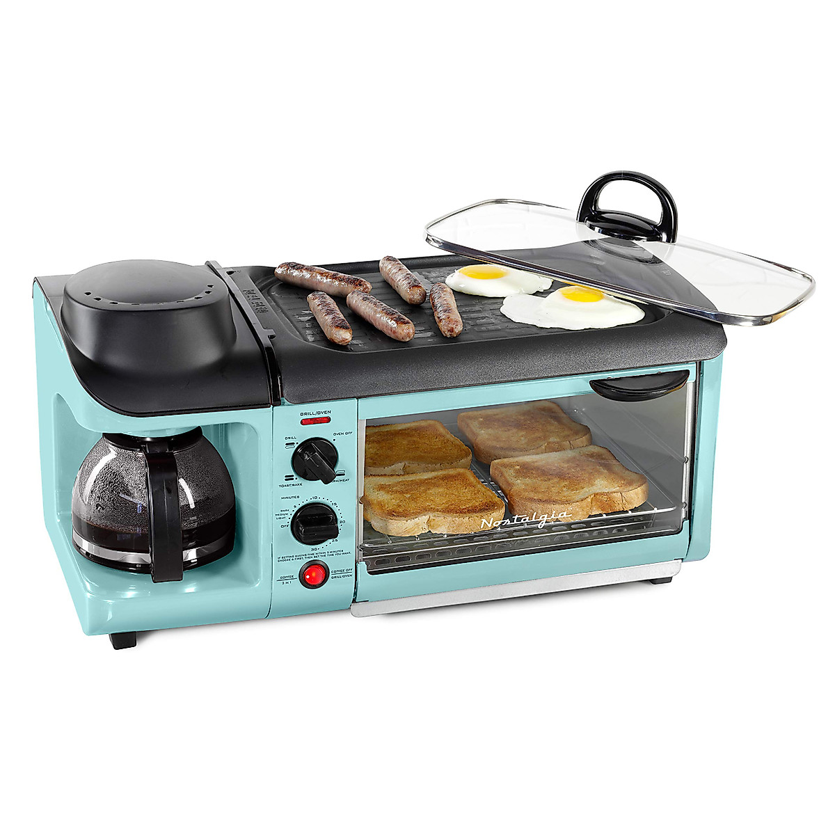 Nostalgia 3-in-1 Breakfast Station with Electric Egg Cooker - Includes Coffee Maker, Griddle, and Toaster Oven