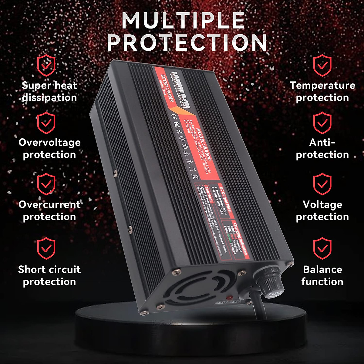 WAOUKS 58.8V 10A Charger DC 58.8V Li-ion Battery Charger Used for 14S 52V 51.8V Lithium Battery Pack Charger with Cooling Fan Smart Charger Output C13 PING Connector