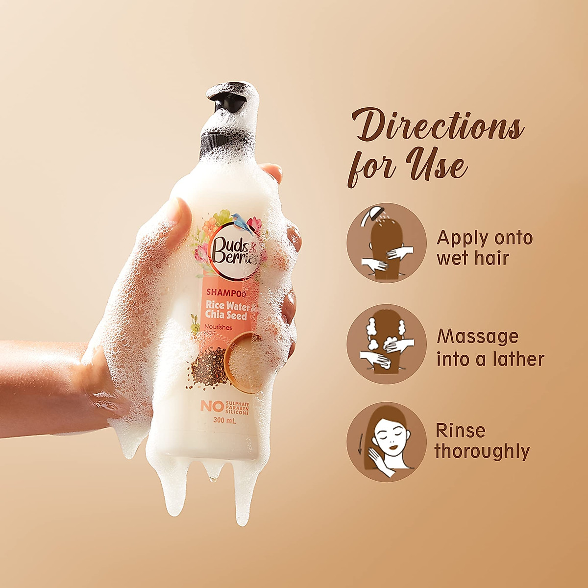 Buds & Berries Rice water & Chia Seeds Nourishment Shampoo for Strong & Healthy Hair, NO Sulphate, NO Paraben, 300 ml