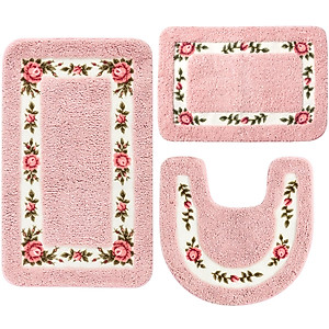 3 Pcs Rose Flowers Coquette Bathroom Rugs Set Coquette Rug Bathroom Bedroom Living Room Carpet, Floral Flower Rugs for Bedroom Non Skid Absorbent Romantic Rose Flower Area Rugs 3 Shapes(Pink)