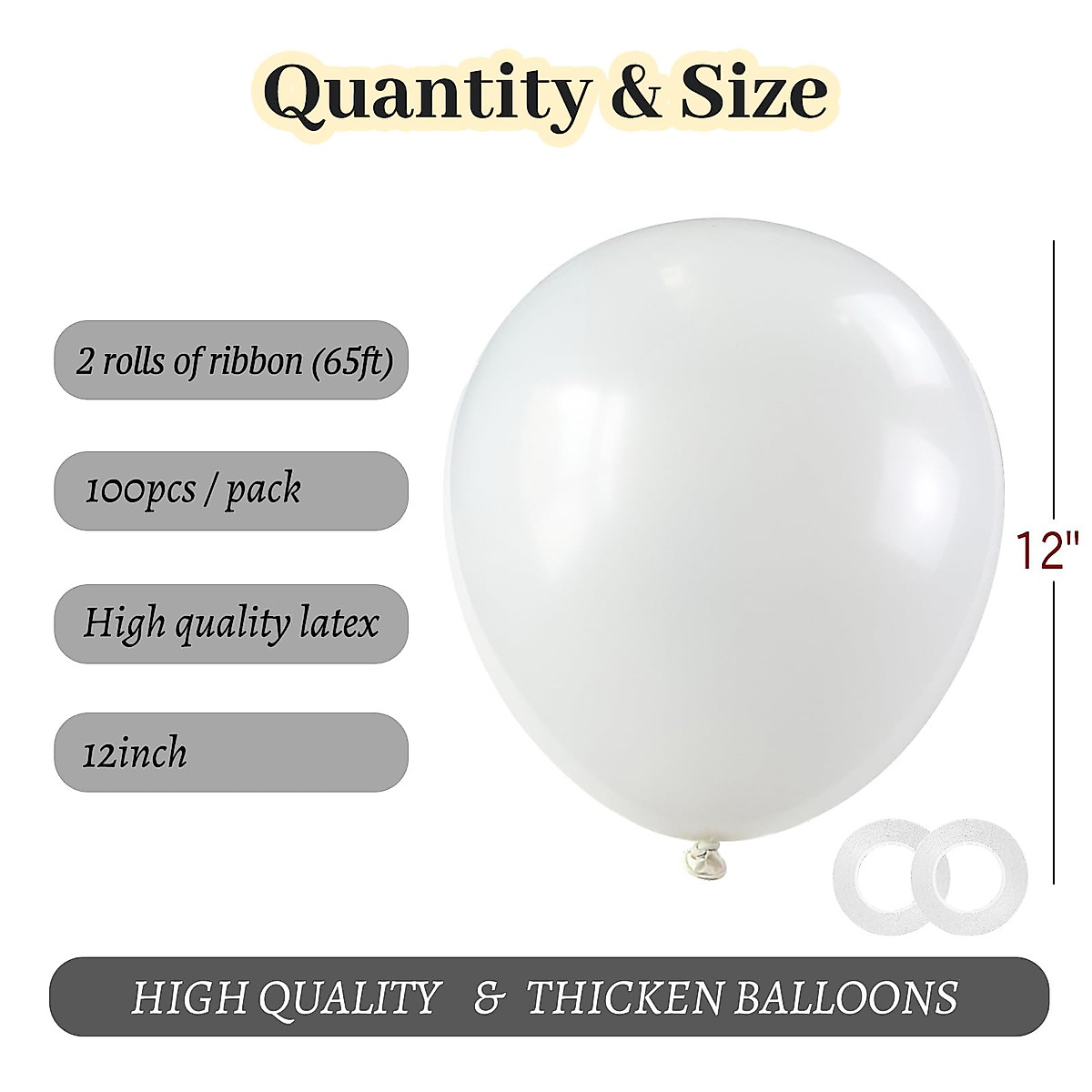 White Balloons 100 Pack 12 Inch White Latex Party Balloons with 2 Rolls of Ribbon Pastel White Helium Balloons for Wedding Birthday Party Baby Shower Engagement Anniversary Party Decorations
