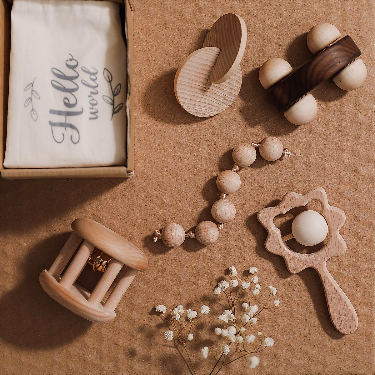 Wooden Baby Toys for Babies 0-6 Mounths, Wooden Rattles Grasping Toys Set, Montessori Wood Baby Push Car and Handbells，Interlocking Dics Toys, Wooden Toy for Newborn Infant Baby Gifts, 5 PCS