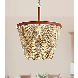 Q&S Boho Wood Beaded Chandelier,Large 5-Lights Farmhouse Coastal Bohemia Chandeliers for Dining Room Living Room Foyer Kitchen Island Restaurant UL Listed Assembly Complete W20