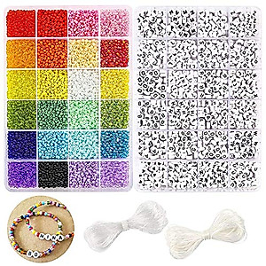 DICOBD Craft Beads Kit 10800pcs 3mm Glass Seed Beads and 1200pcs Letter Beads for Friendship Bracelets Jewelry Making Necklaces and Key Chains with 2 Rolls of Cord
