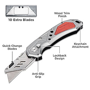 FC Folding Heavy Duty Utility Knife - Pocket Box Cutter with Holster, Quick Change Blades, Razor Sharp, Lockback Design, Lightweight Aluminum Body & Wood Trim