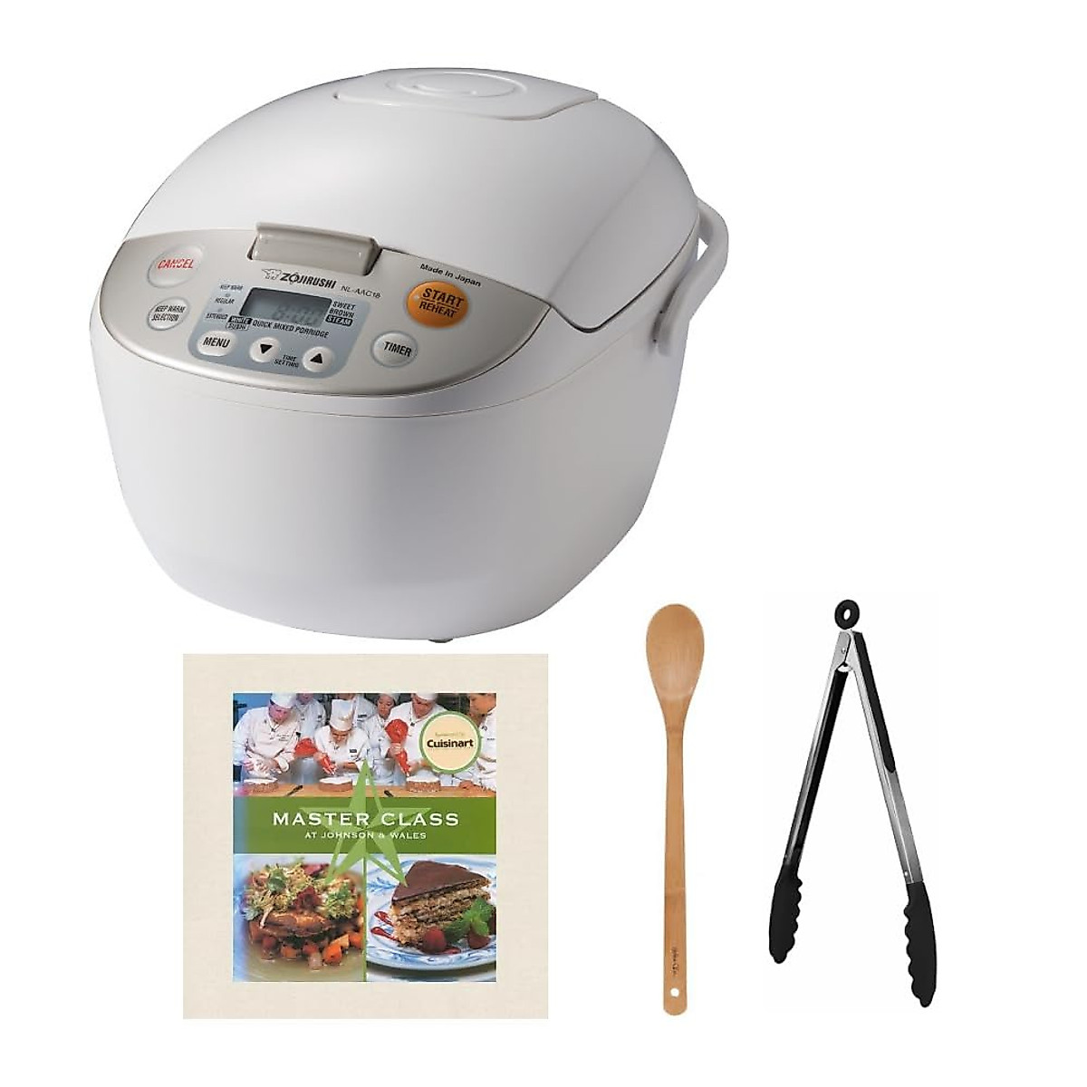 Zojirushi Micom Rice Cooker and Warmer (10-Cup/Beige) Bundle with Cookbook, Kitchen Tongs (Stainless Steel, Black) and 15-Inch Bamboo Spoon (4 Items)