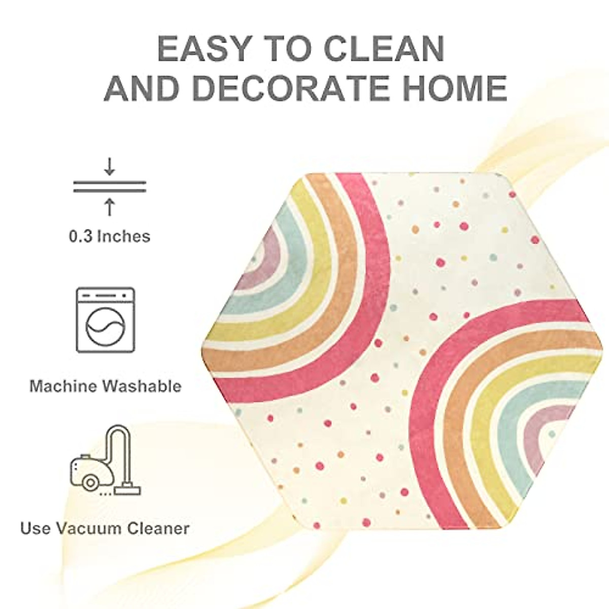 STARUIA Rainbow Rug for Baby Girls Bedroom,55"x47" Washable Area Rug for Princess Tent Castle,Hexagon Non-Slip Nursery Rug Ultra Soft Play Carpet for Kids Room Playpen Dorm
