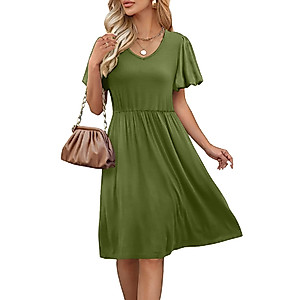 V Neck Womens Dresses Spring Casual Knee Length Summer Army Green Dress XL