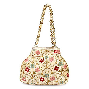 Indian Ethnic Designer Embroidered Silk Potli Bag Batwa Pearls Handle Purse (Golden nd Purple)
