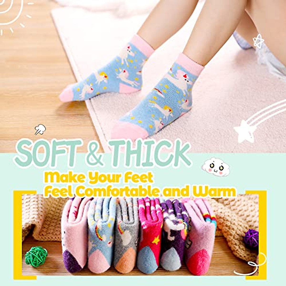 Children's Wool Socks Boys Girls Warm Winter Thick Cozy Thermal Heavy Boot Crew Socks For Kids Toddlers 6 Pairs(Unicorn,4-7 Years)