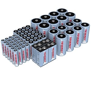 Tenergy AA AAA C D 9V Battery, NiMH Rechargeable Batteries Combo, 68 Pack, 24 Pack AA Cells, 24 Pack AAA Cells, 8 Pack C Cells, 8 Pack D Cells and 4 Pack 9V Batteries